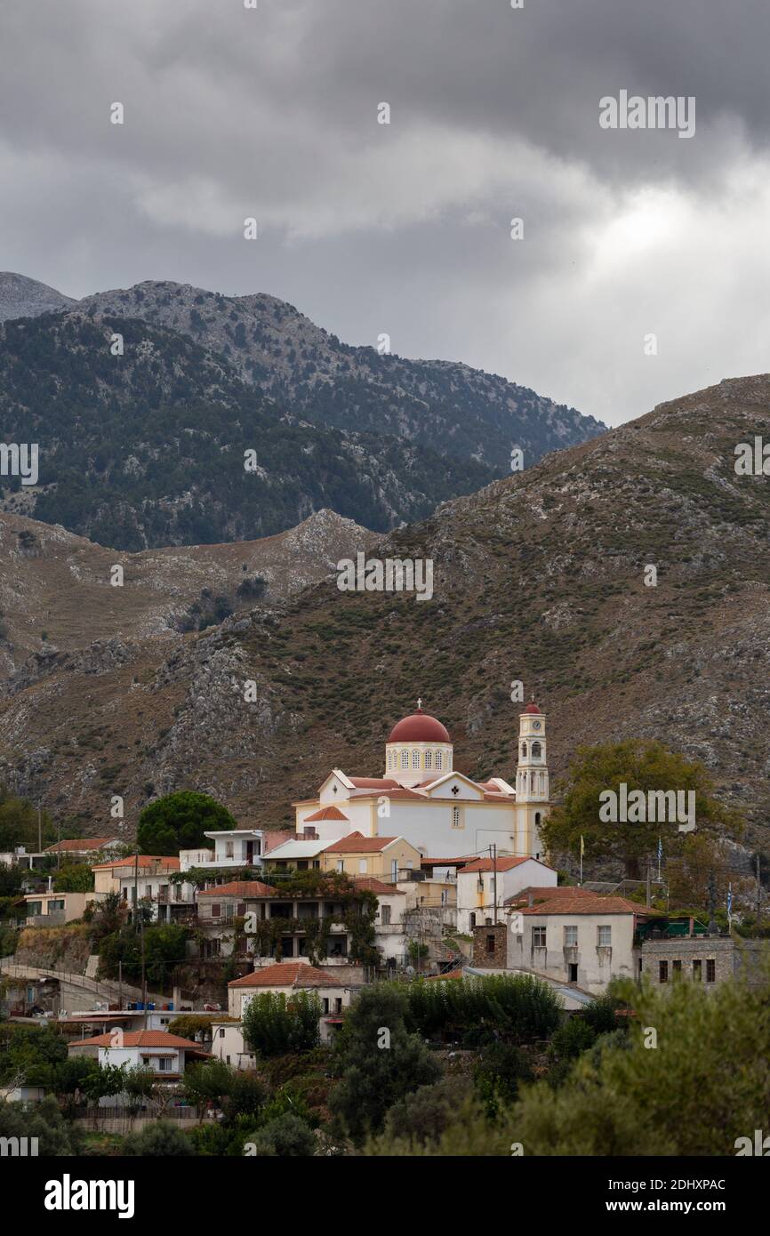 The village of Lakkoi showing Agios Antonios orthodox church, and ...