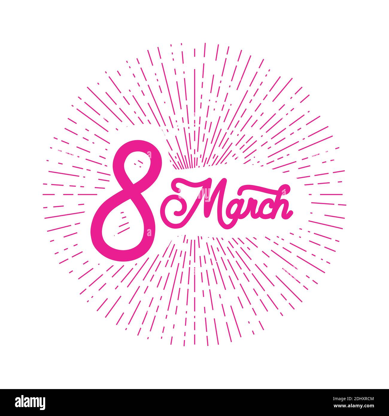 typographic illustration of 8 MARCH retro label with light rays ...