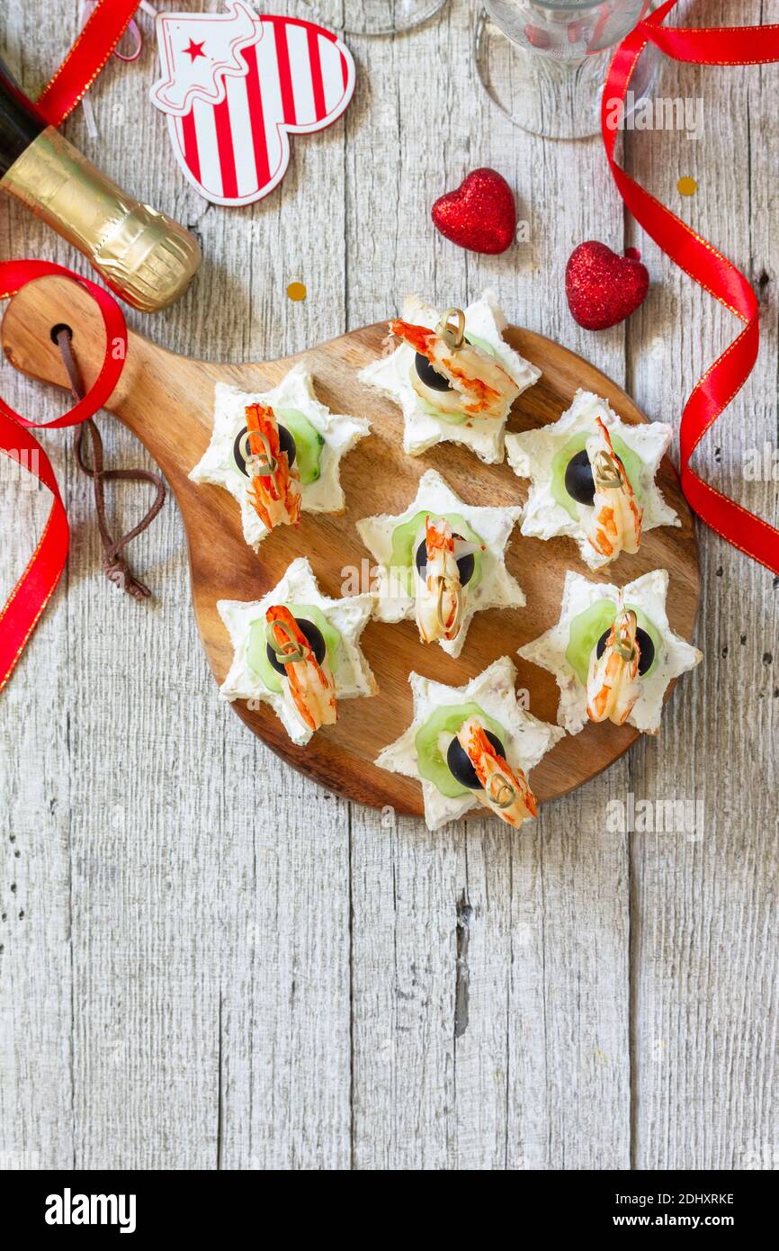 Valentines day or birthday romantic antipasto. Canapes with cheese ...