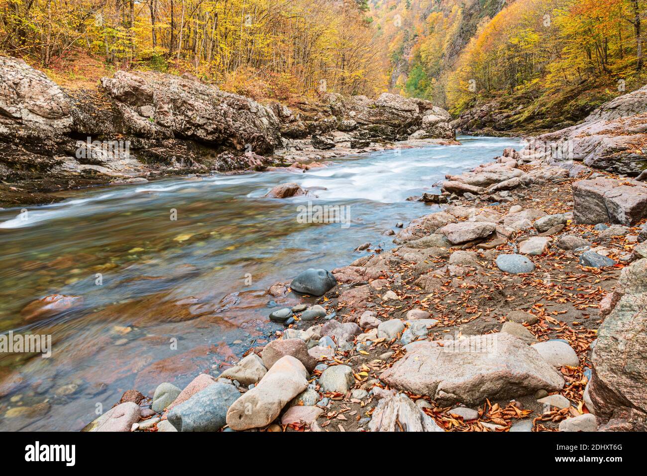 Belaya riverbed at the bottom of a deep ravine, canyon, in the Republic ...