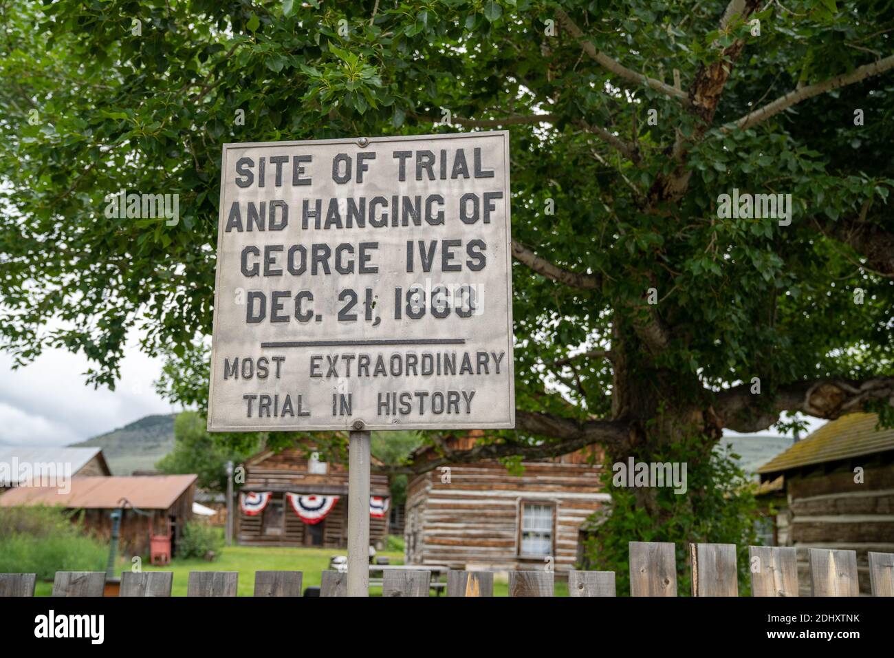 Nevada City, Montana - June 29, 2020: Sign noting the site of trial and ...