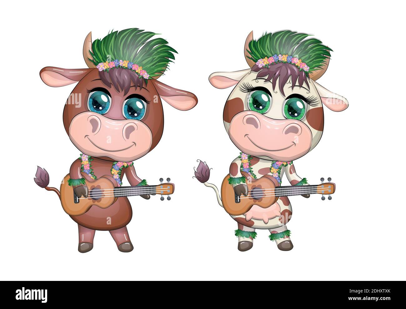 Cute cartoon bull, cow with beautiful eyes, Hawaiian hula dancer ...
