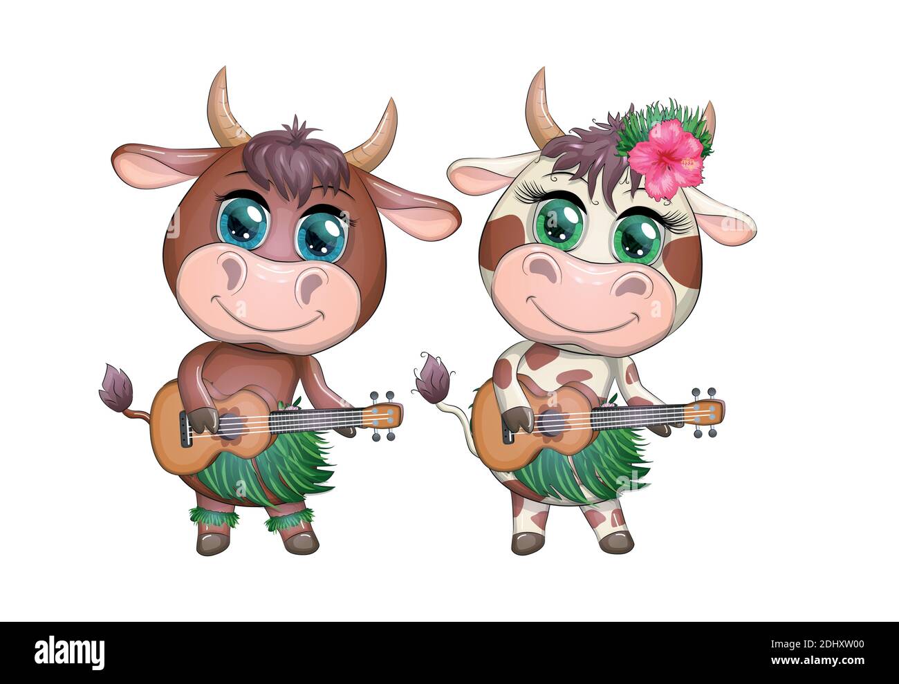 Cute cartoon bull, cow with beautiful eyes, Hawaiian hula dancer ...