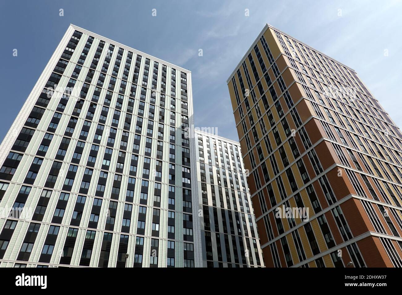 High bottom up perspective view of modern city skyscraper buildings ...
