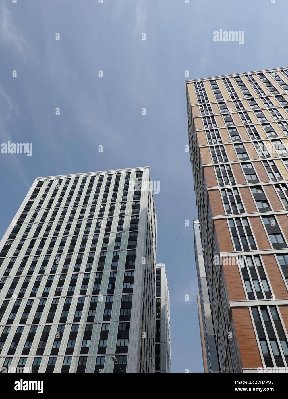 High bottom up perspective view of modern city skyscraper buildings ...