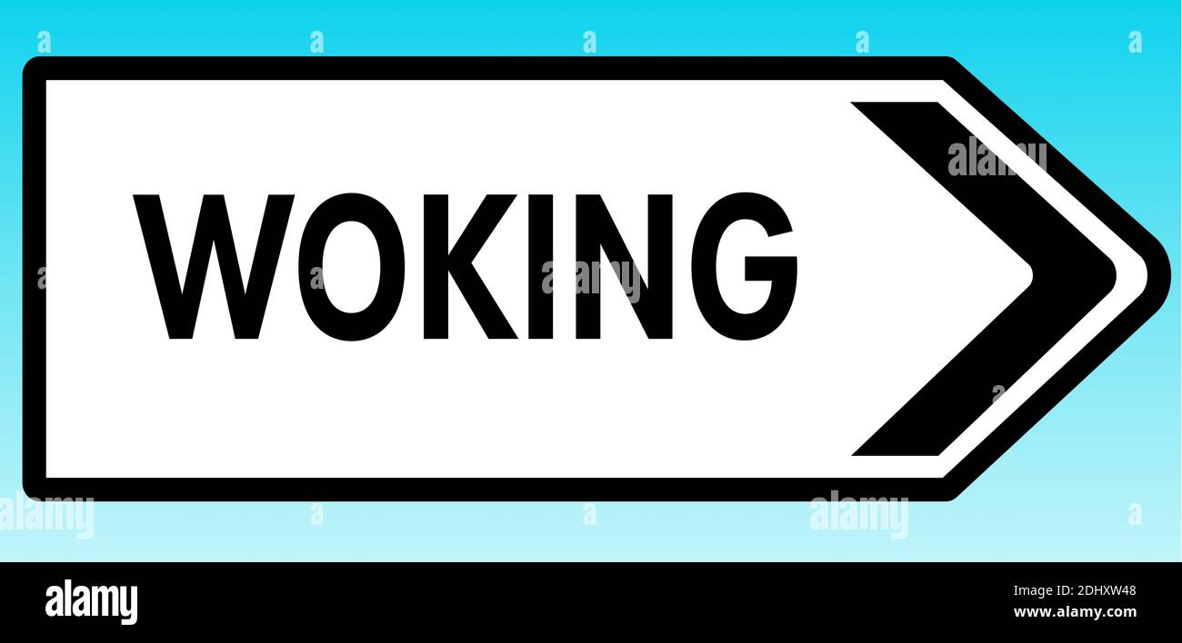 A graphic illlustration of a British road sign pointing to Woking Stock ...