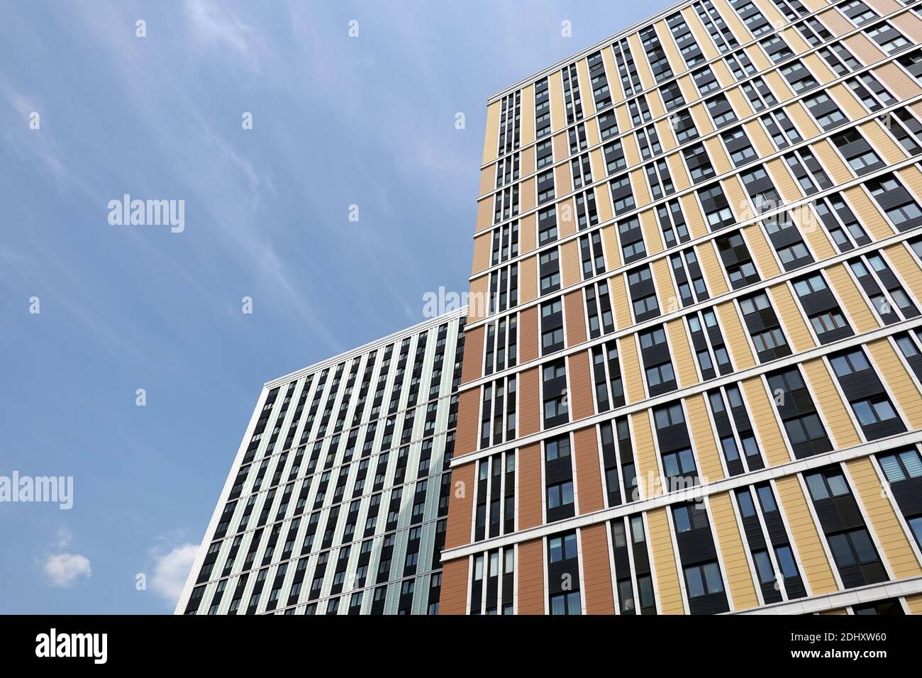 High bottom up perspective view of modern city skyscraper buildings ...