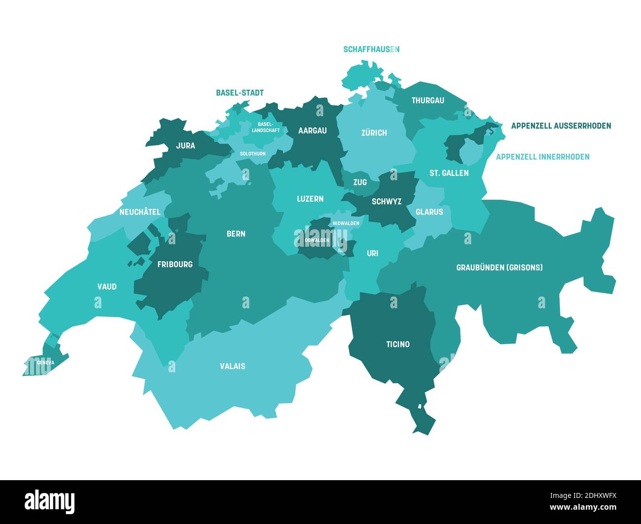 Turquoise blue political map of Switzerland. Administrative divisions ...