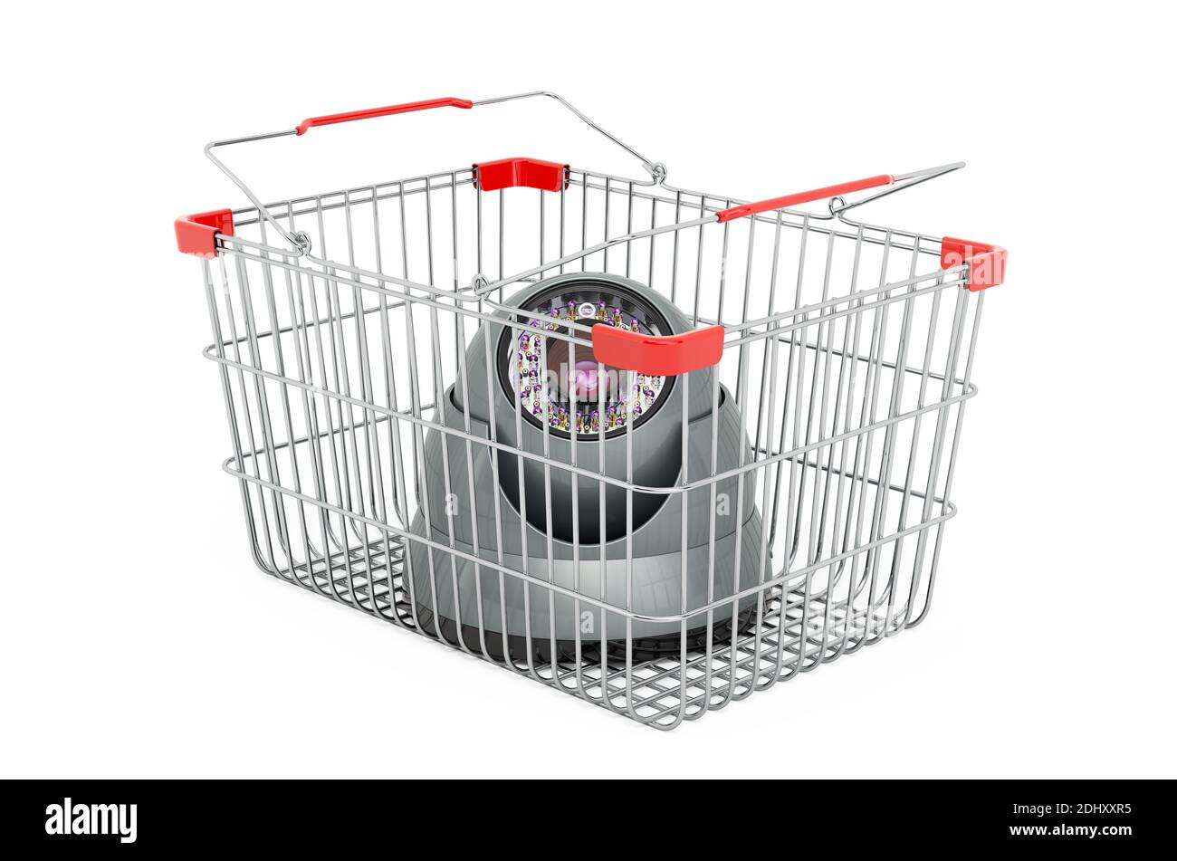 Shopping basket with dome security camera, 3D rendering isolated on ...