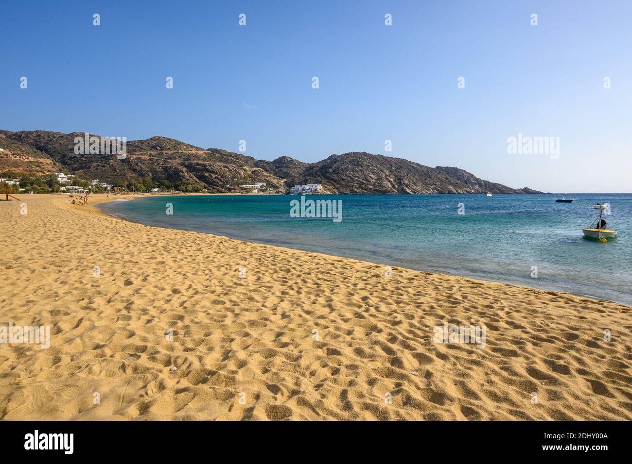 Mylopotas beach on Ios Island. A wonderful beach with the golden sand and azure waters. Cyclades ...