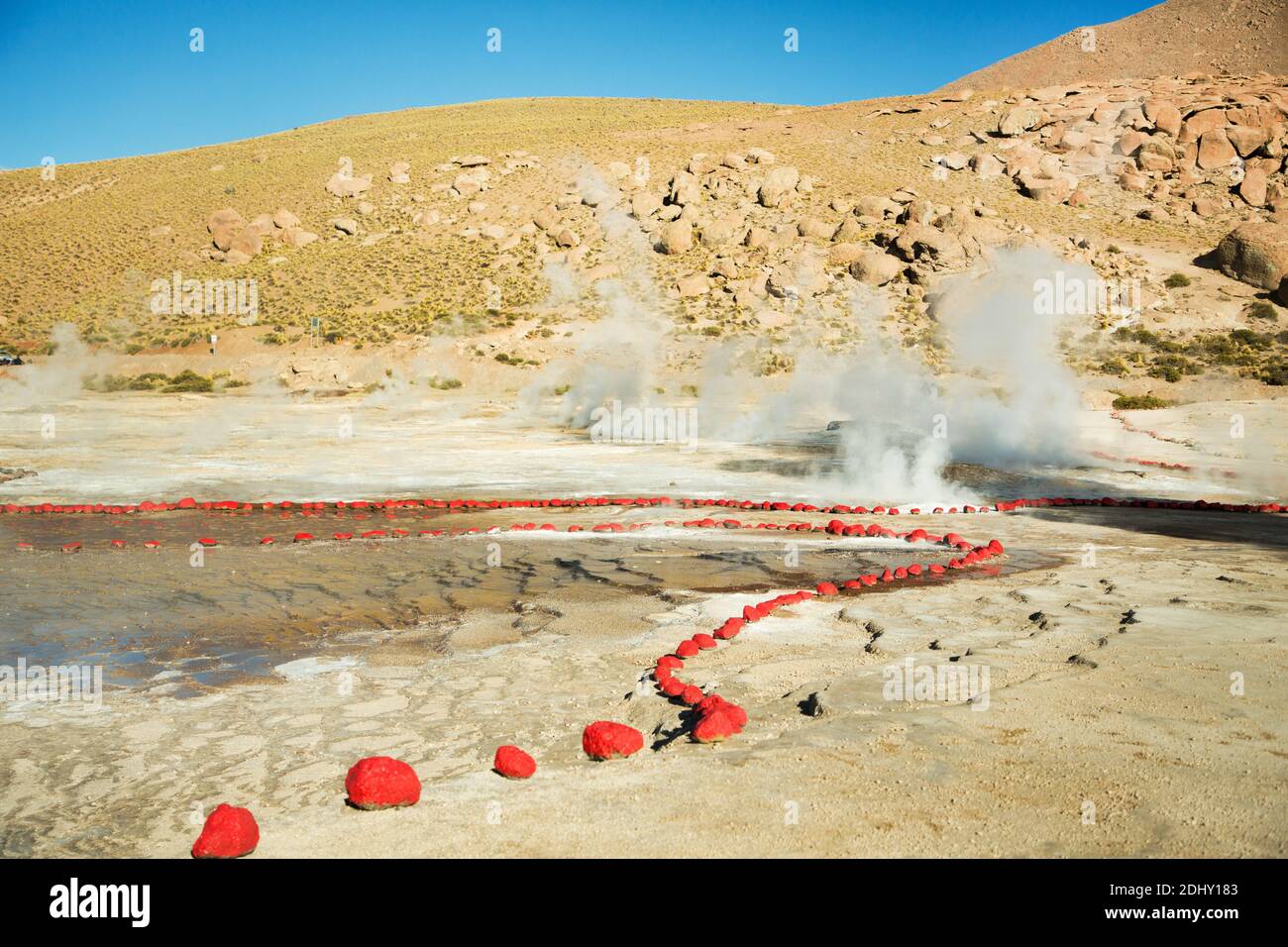 Red stones surround fumaroles and steam vents warn of danger if ...