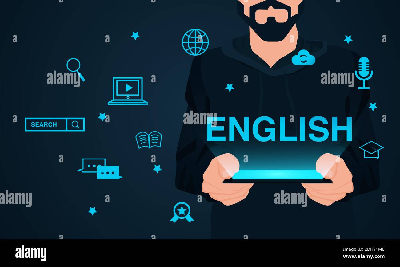 Learning English with new technology concept. Vector of a man holding a ...