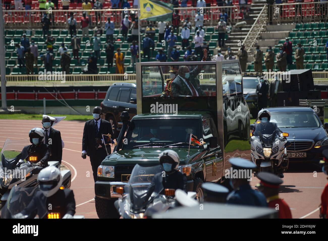 Kenya's president Uhuru Muigai Kenyatta, arrives at the Nyayo Stadium ...