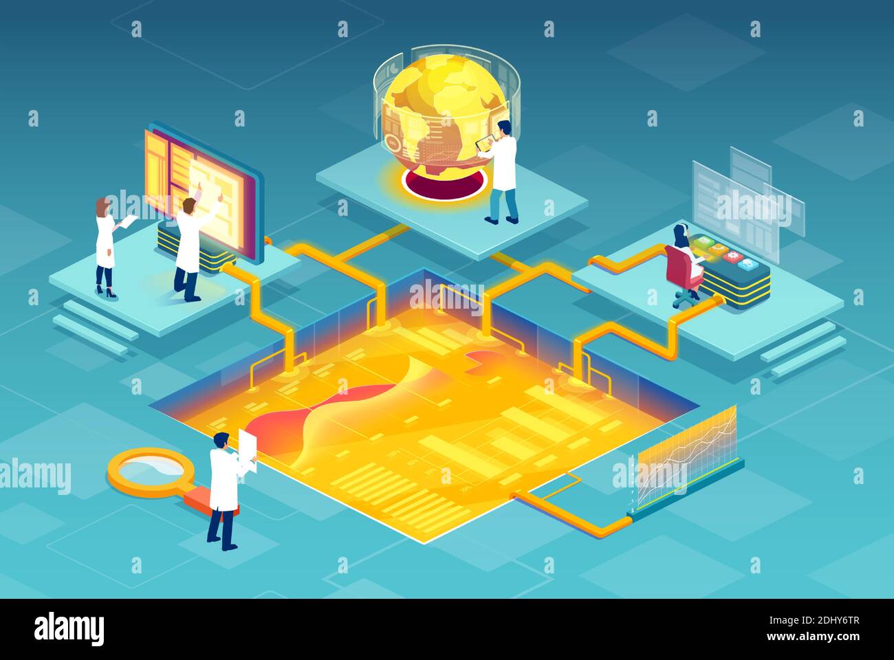Vector of a group of people interacting, analyzing charts and social media data converting into ...