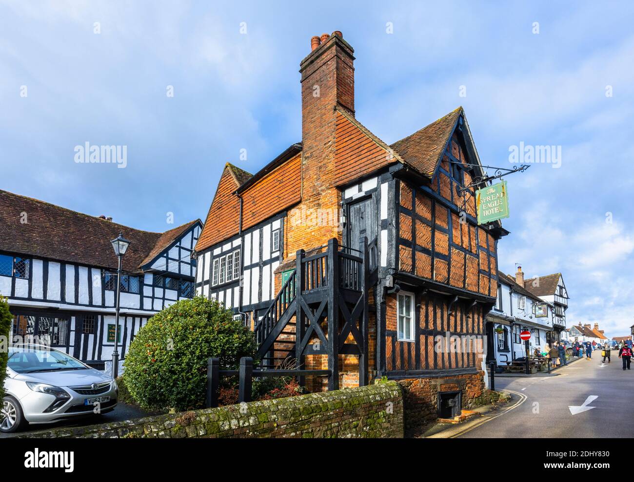 View of the timbered Spread Eagle Hotel, a medieval coaching inn dating ...