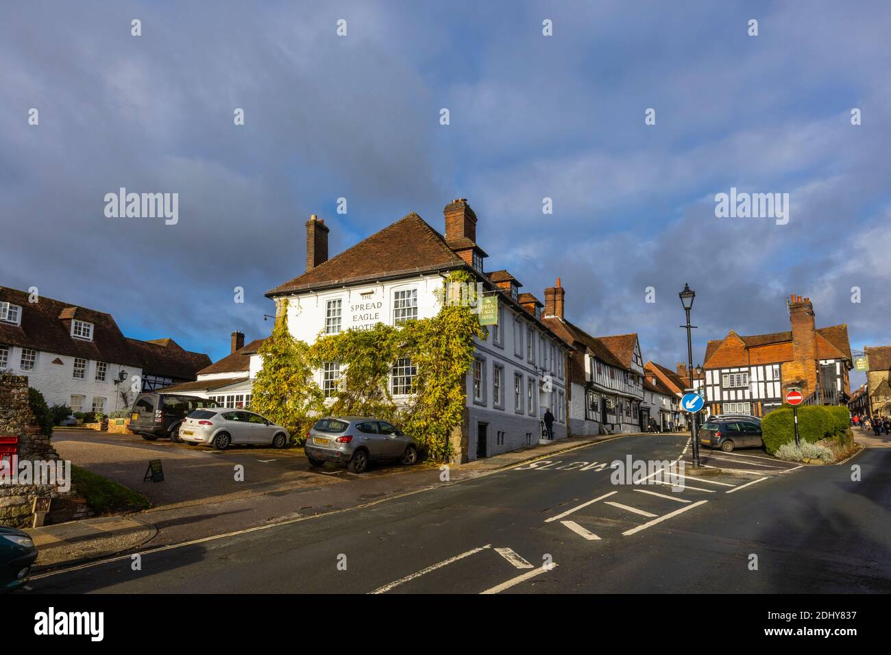 View of the Spread Eagle Hotel, a medieval coaching inn dating from ...