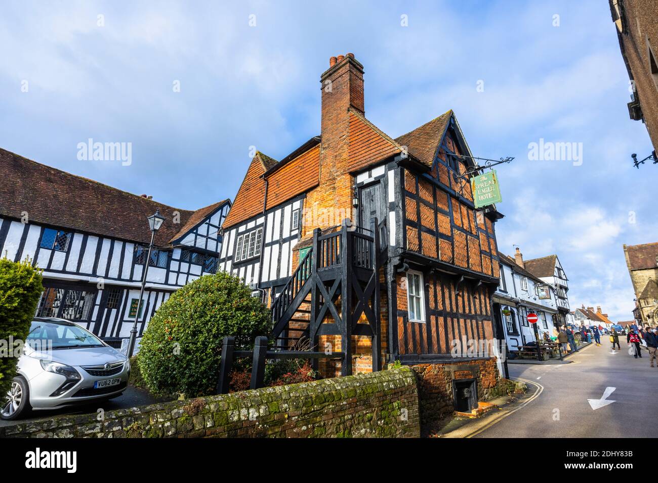 View of the timbered Spread Eagle Hotel, a medieval coaching inn dating ...