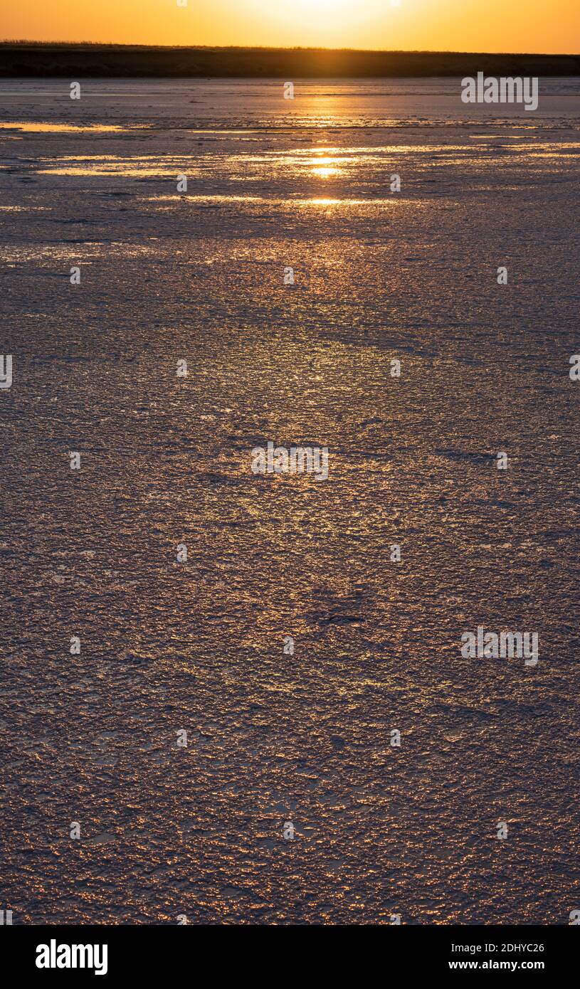 Sunset on the Genichesk pink extremely salty lake (colored by ...
