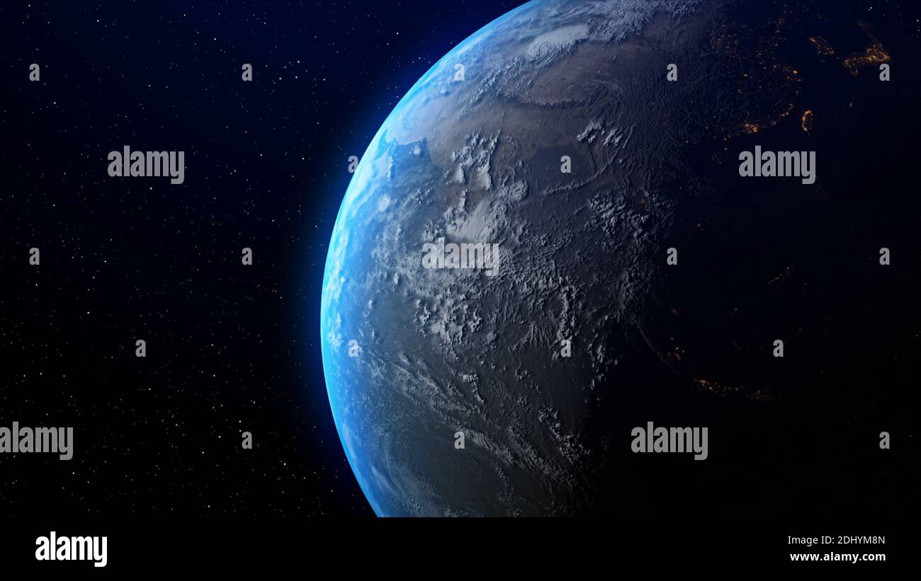 Realistic earth planet with sunrise at the horizon by 3d rendering ...