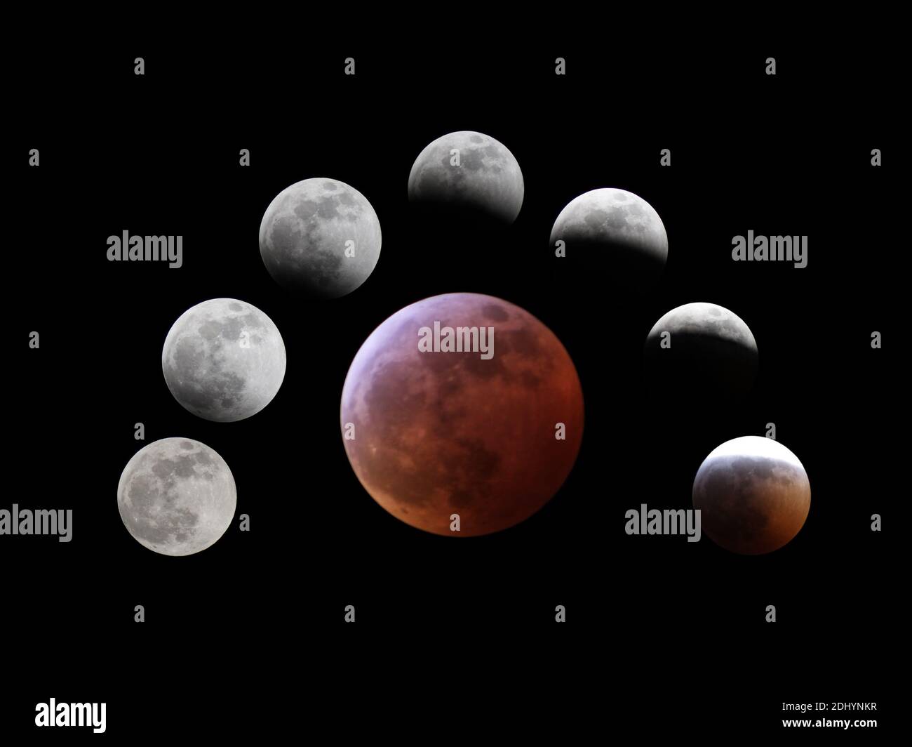 A semicircle of moons depicts the lead up to a solar eclipse Stock ...