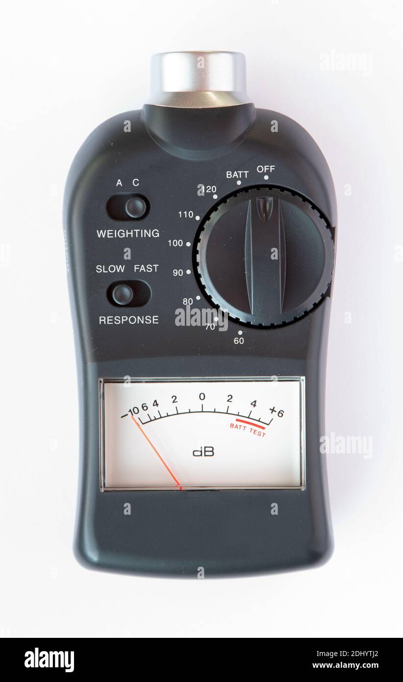 A sound pressure level (SPL) meter on a white background Stock Photo ...