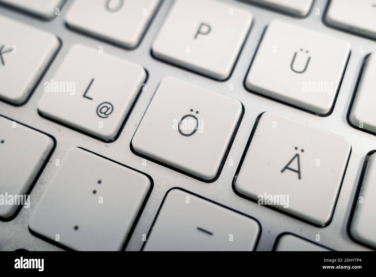 Close up and macro detail view at German alphabet on white buttons of ...