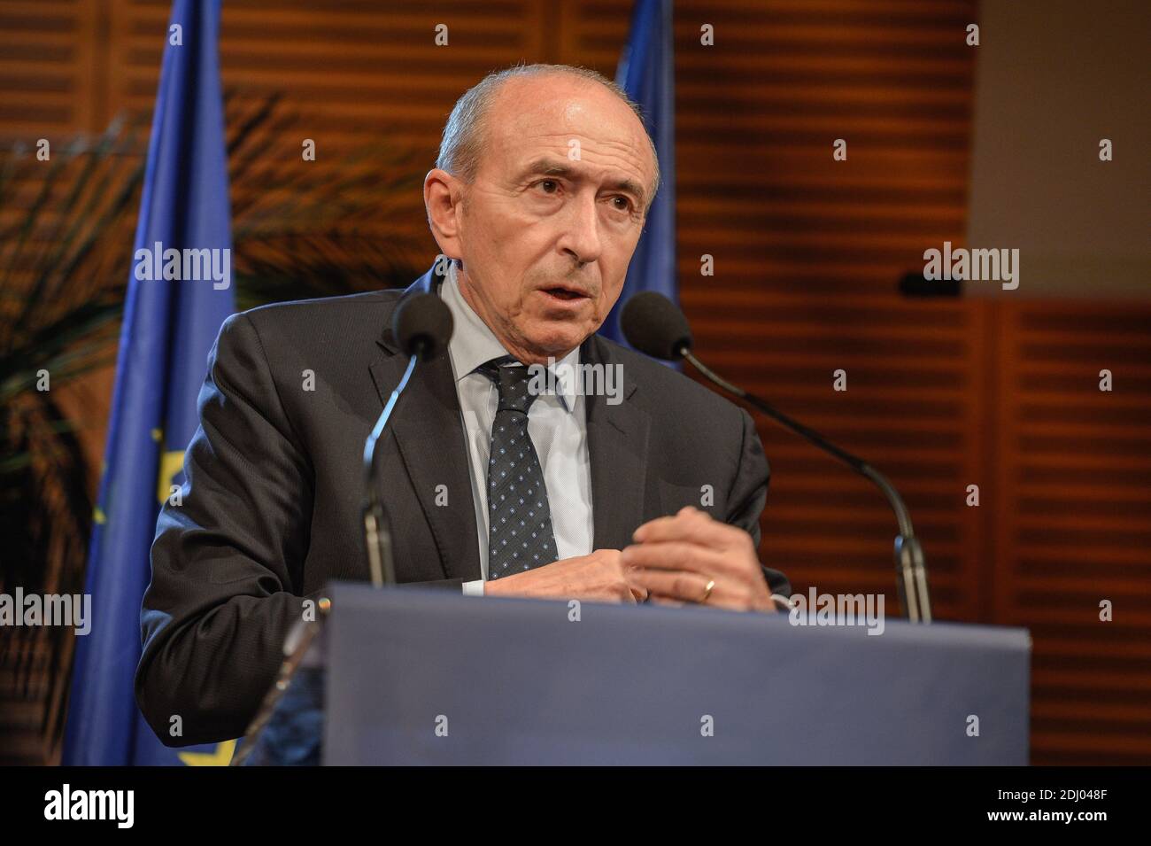 Lyon Mayor Gerard Collomb delivers his speech at the 2nd Forum ...