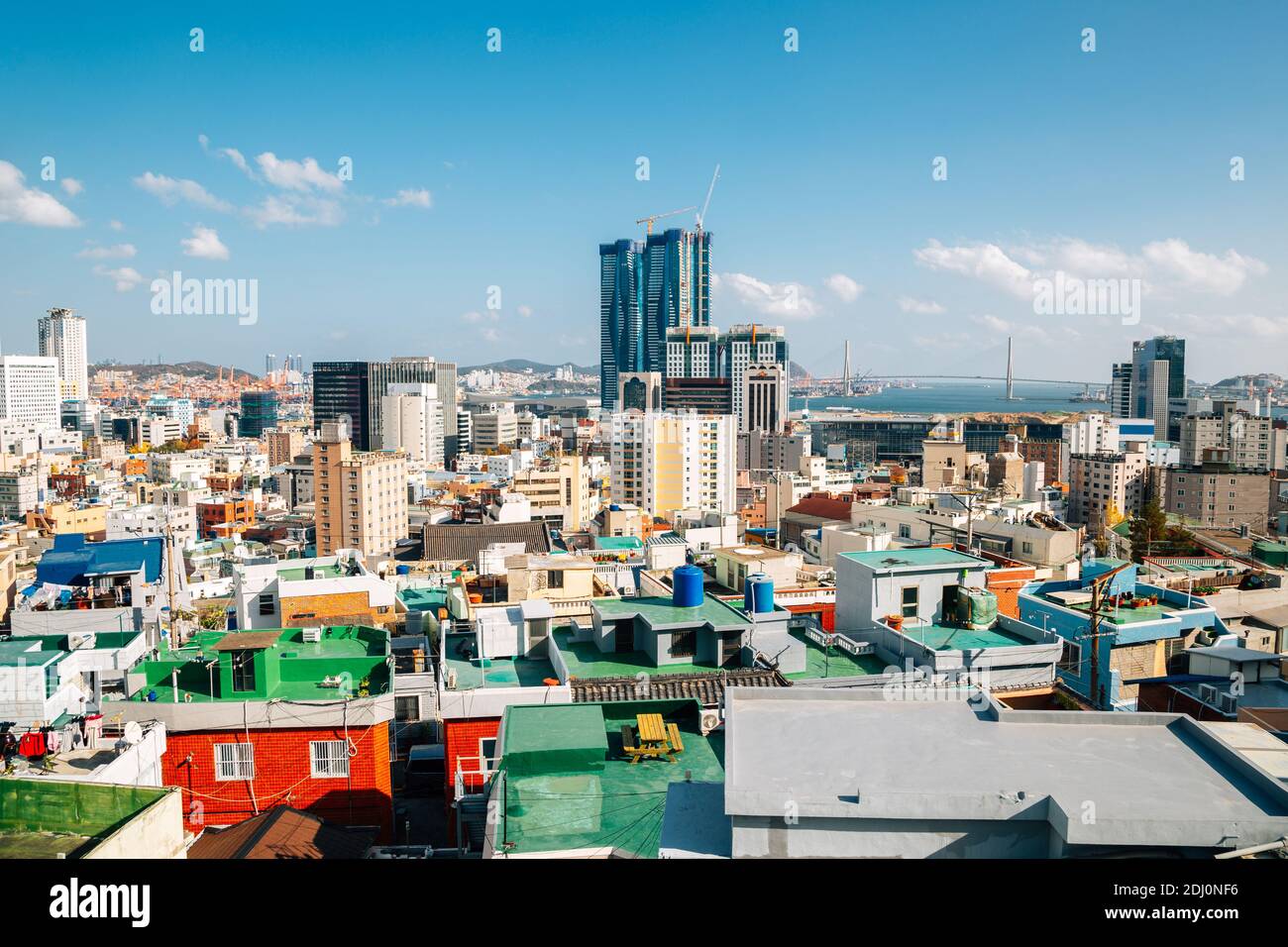Panorama view of Busan city and sea from Kim Minbu Observatory in Busan ...
