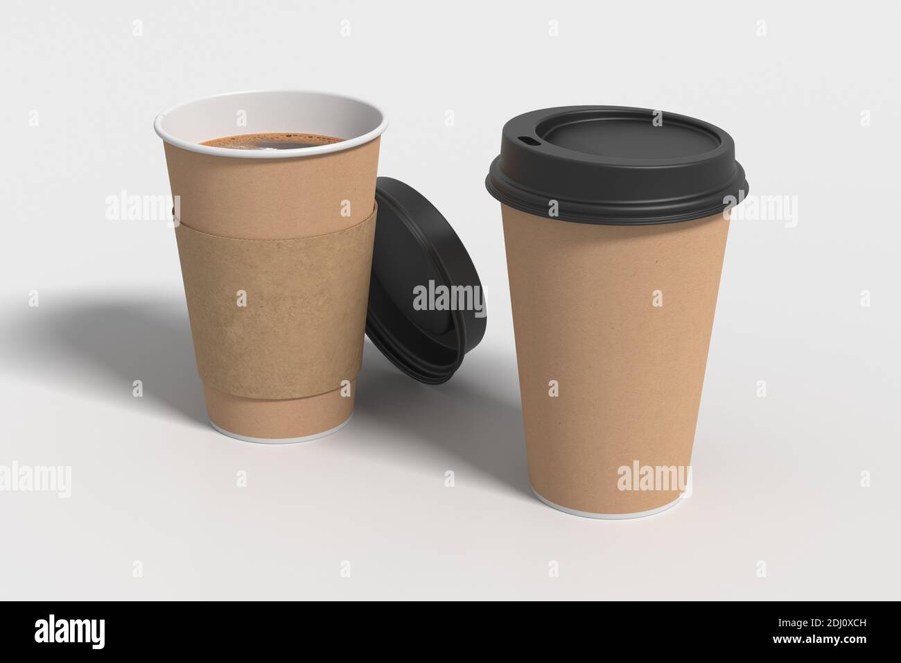 Two cardboard take away coffee paper cups mock up with black lids on ...