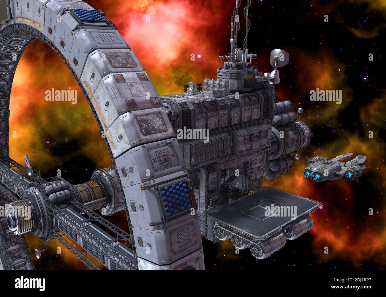 3D illustration future space station in deep space Stock Photo - Alamy