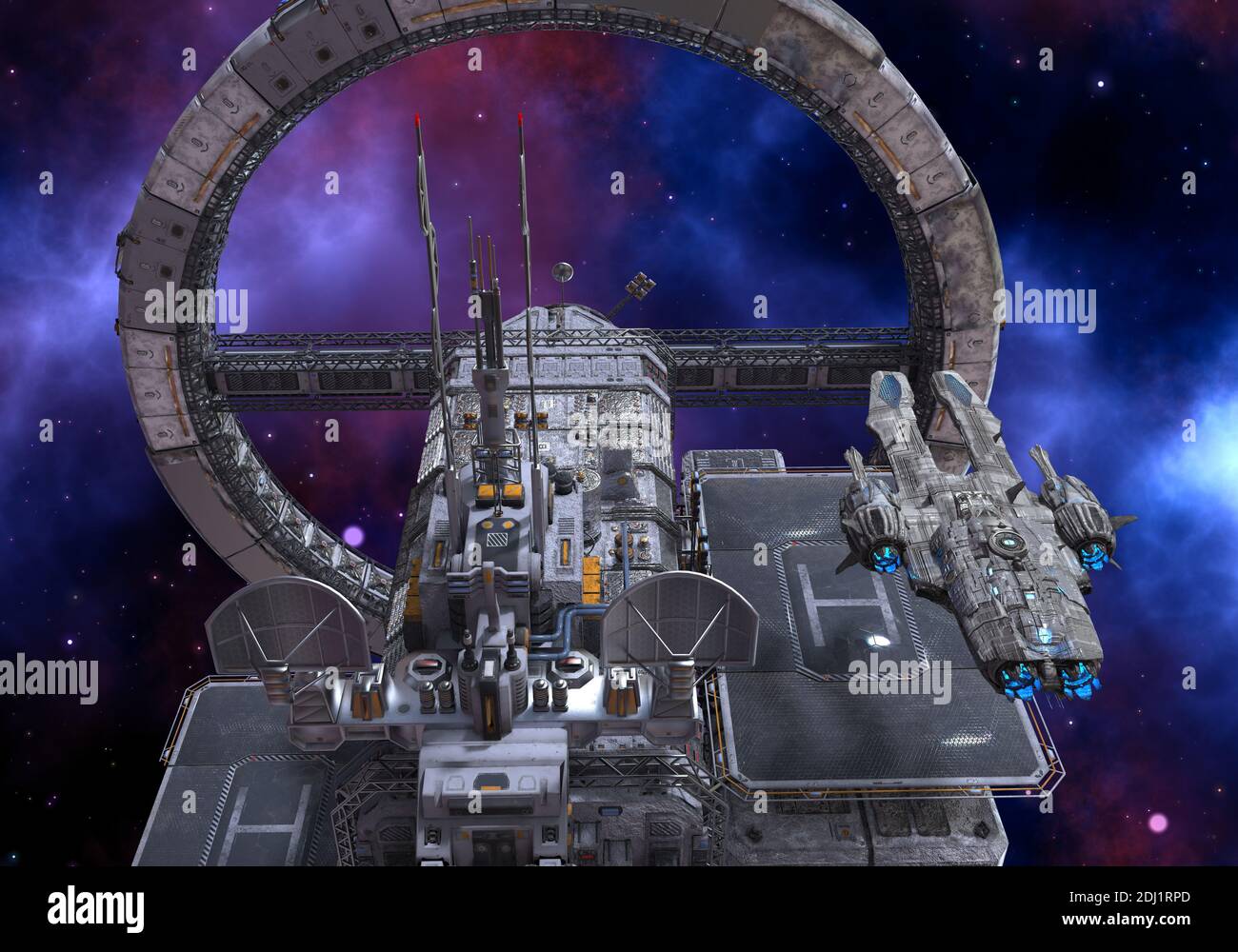 3D illustration future space station in deep space Stock Photo - Alamy