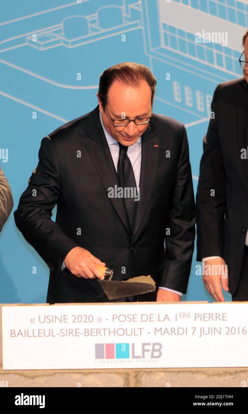 French President Francois Hollande lays the foundation stone of LFB's ...