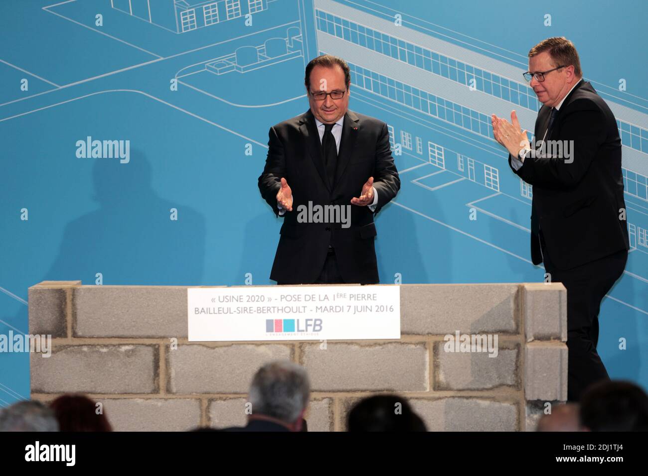 French President Francois Hollande lays the foundation stone of LFB's ...