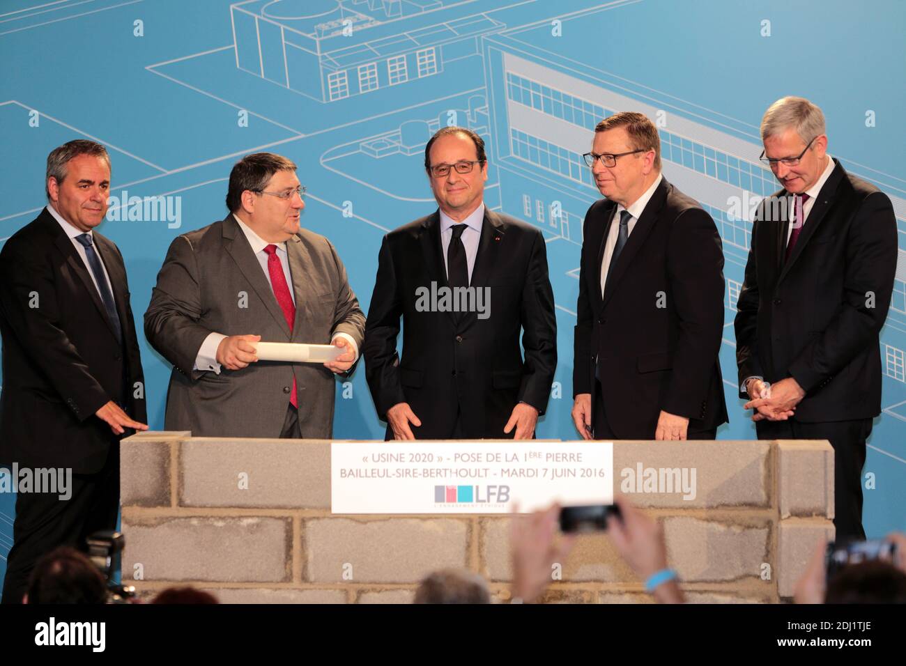 French President Francois Hollande lays the foundation stone of LFB's ...