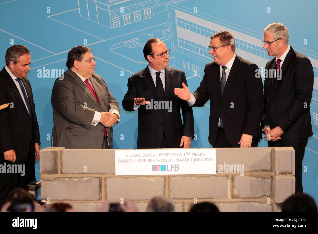 French President Francois Hollande lays the foundation stone of LFB's ...