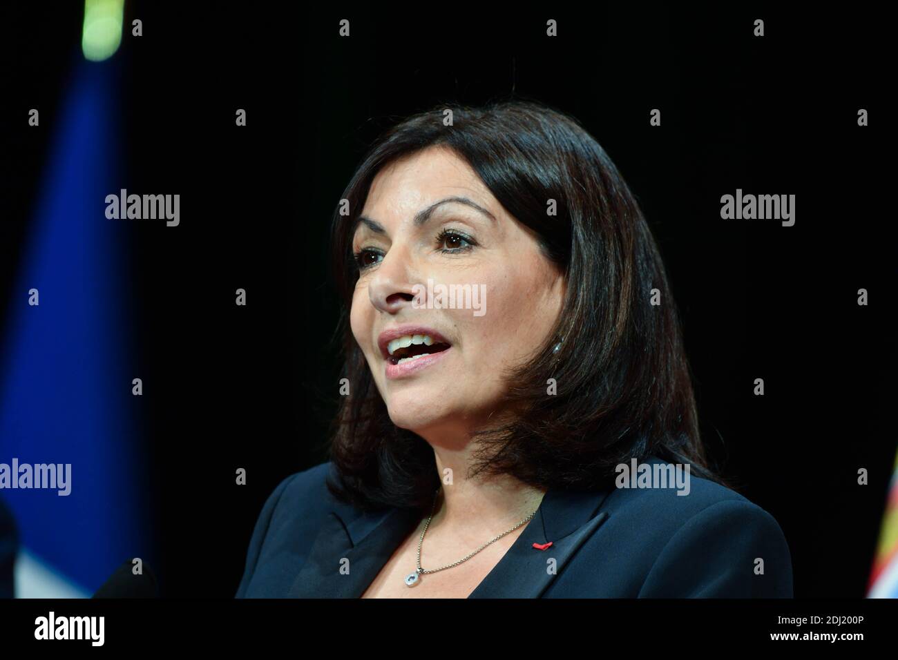 Paris Mayor Anne Hidalgo delivers a speech during a ceremony to ...