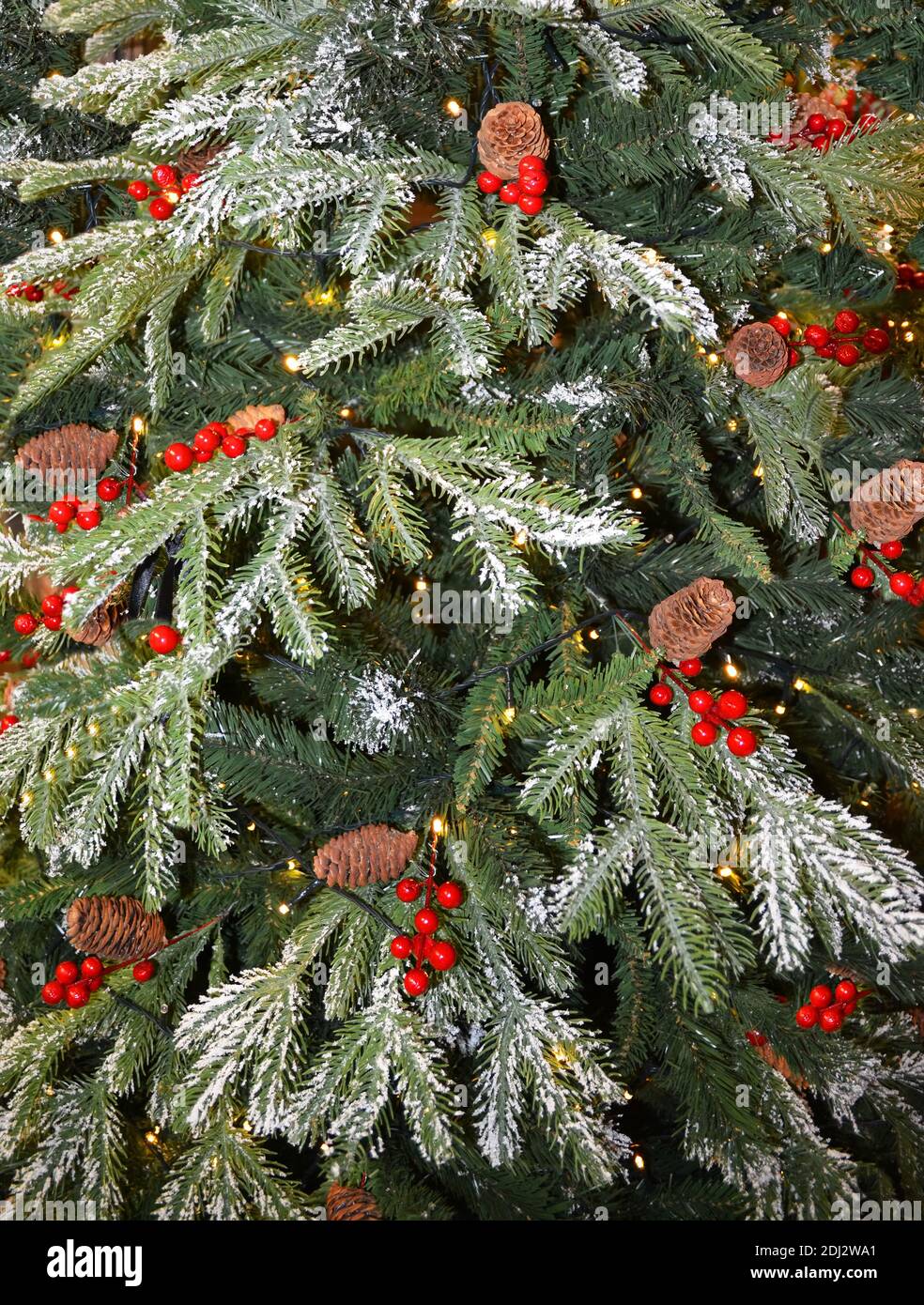 Red Berries & Pine Cone Christmas Tree Card Background with Snow Stock ...