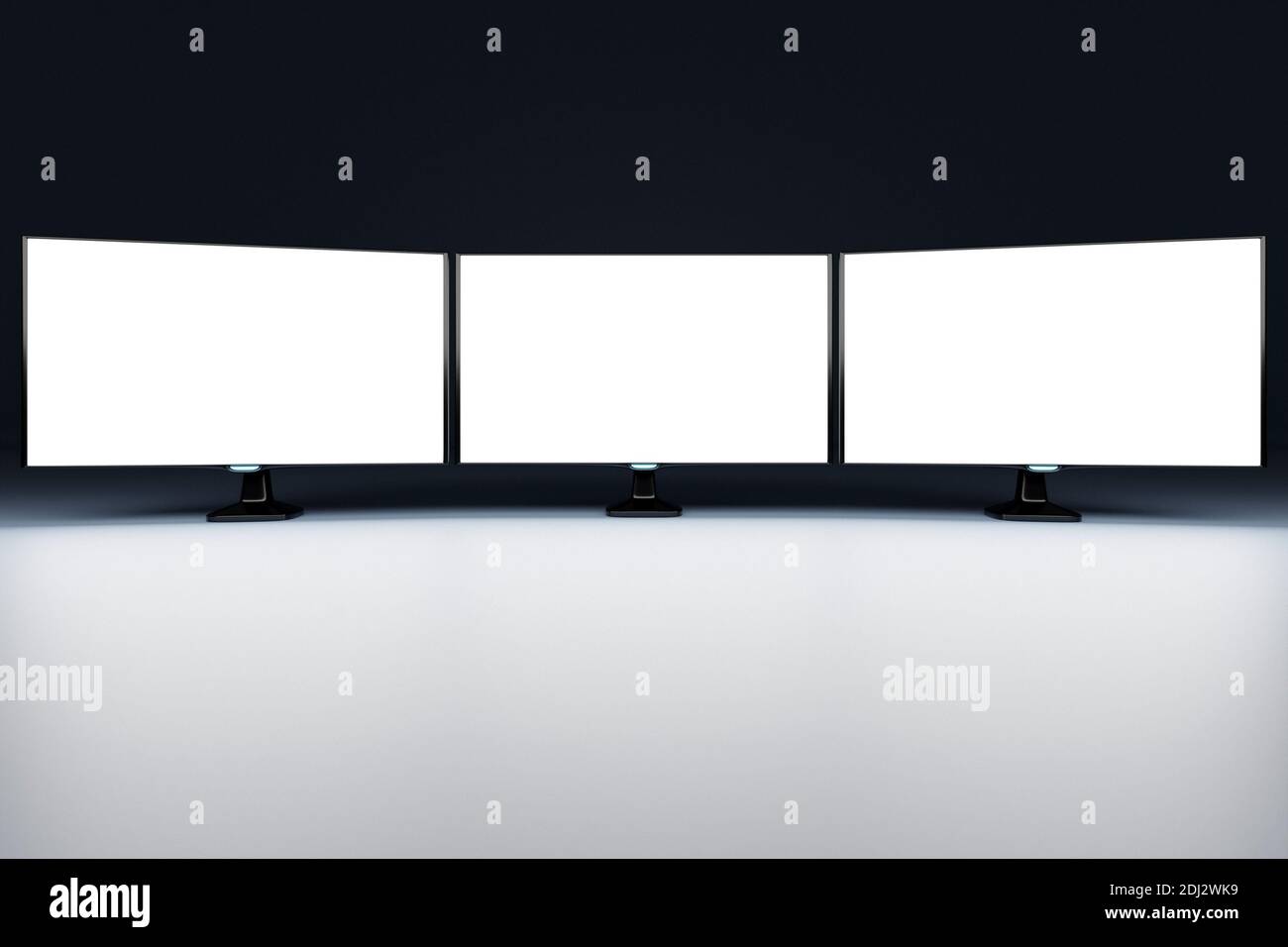 3D illustration mock up of a three monitors with white screen in black ...