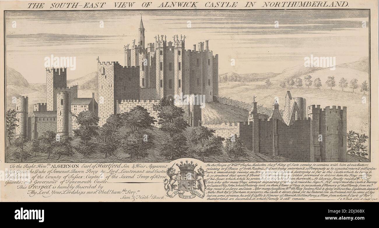 The South East View of Alnwick Castle in Northumberland, Samuel Buck ...