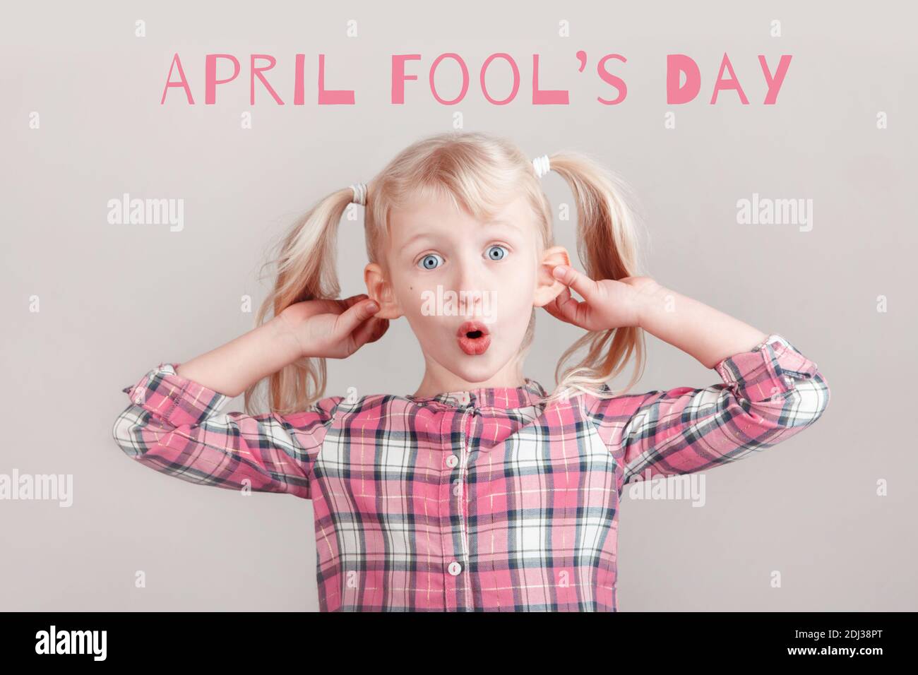 April Fools Day card with text. Funny Caucasian girl with pigtails ...