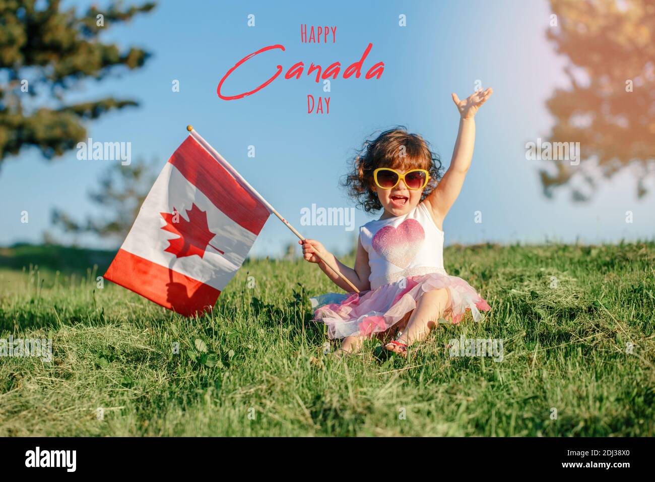 Happy Canada Day card with text words. Cute Caucasian girl sitting ...