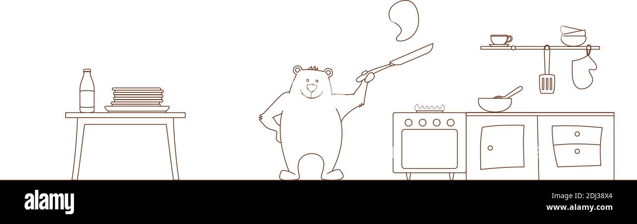 Coloring illustration. Bears prepare pancakes in the kitchen Stock ...