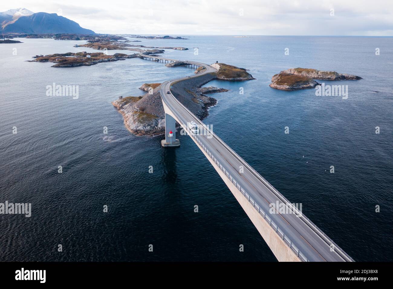 UAV recording, campervan on the island link road Atlantic Ocean Road ...