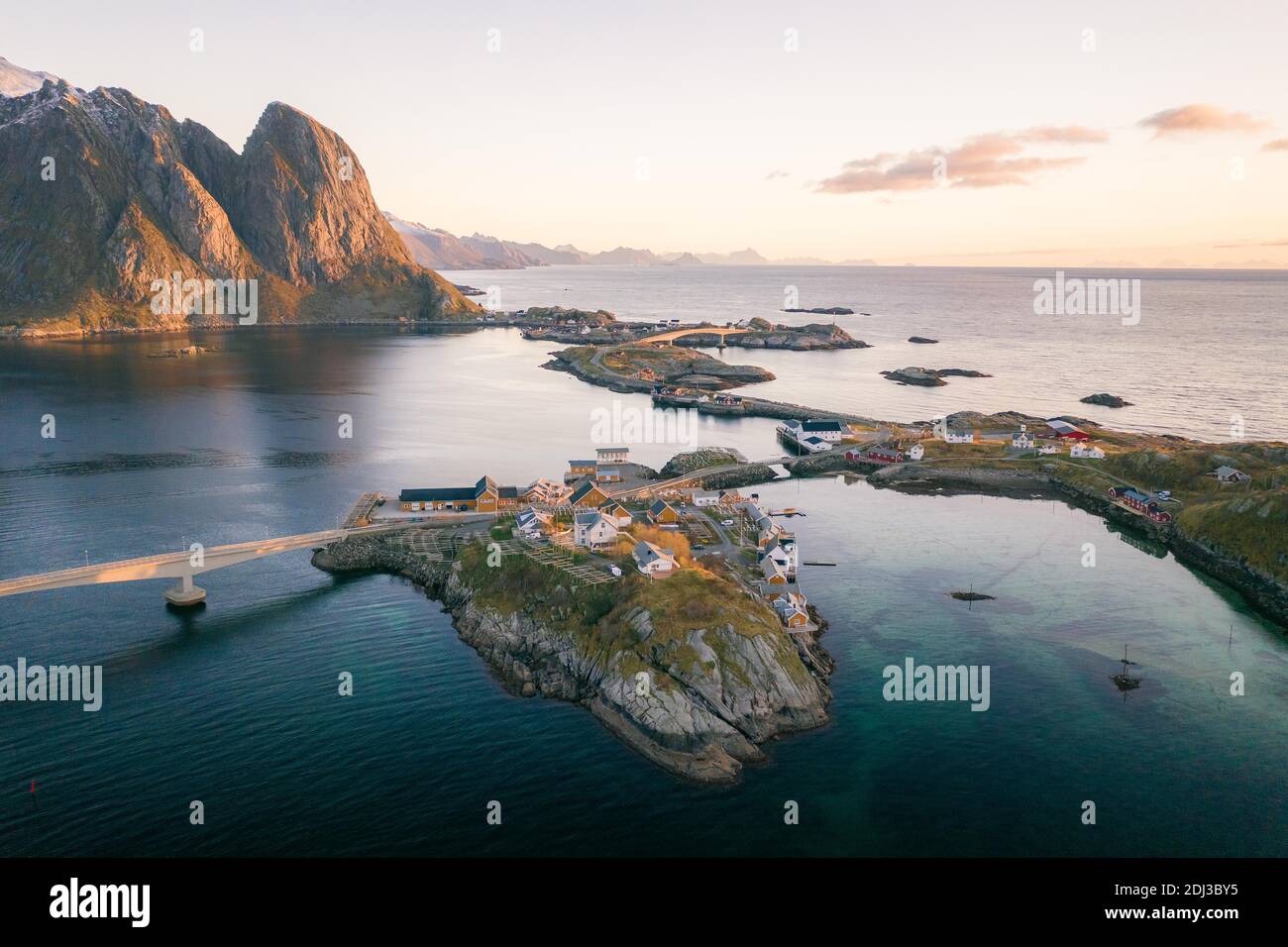 Aerial view, Sakrisoy and Hamnoy with bridges to the sunrise, colourful ...