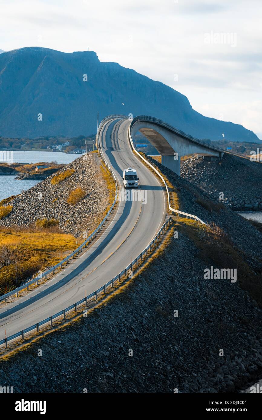 Campervan on the island connecting road Atlantic Ocean Road, Vevang ...