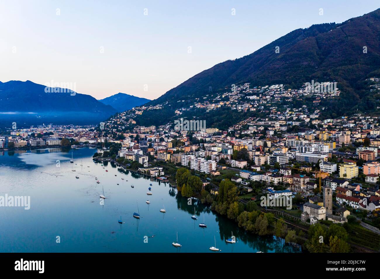 Morning aerial view, Locarno, Lake Maggiore, Ticino, Switzerland Stock ...