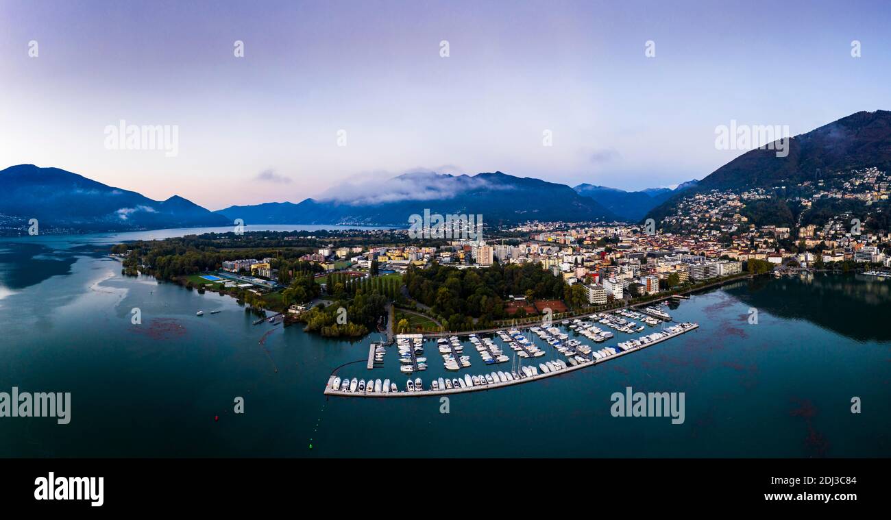 Morning aerial view, Locarno, Lake Maggiore, Ticino, Switzerland Stock ...
