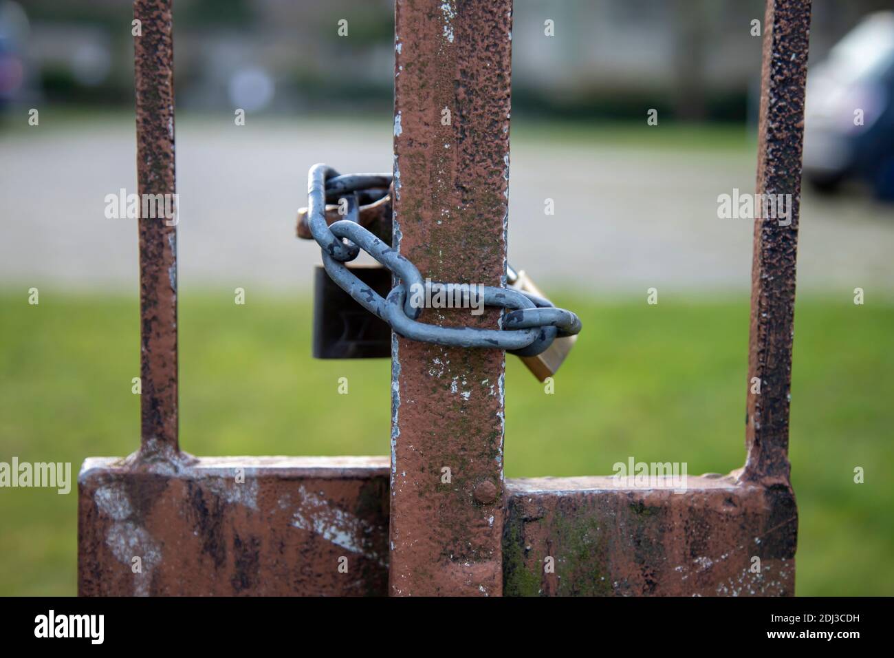 iron link chain with two locks lock a rusty iron gate, symbol for ...