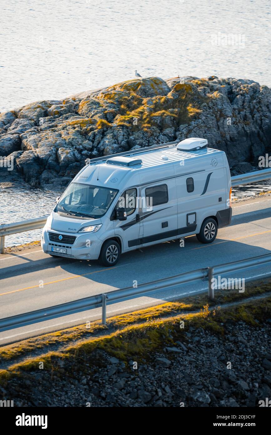 Campervan parked on the Atlantic Ocean Road, Vevang, Norway Stock Photo ...