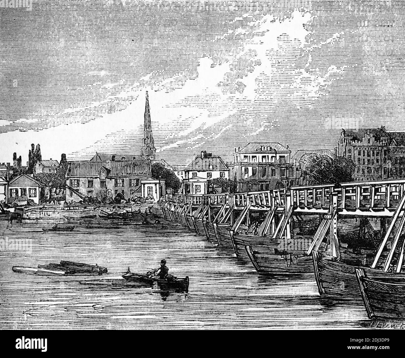 Engraving of the bridge of boats in Arnhem, the Netherlands Stock Photo ...